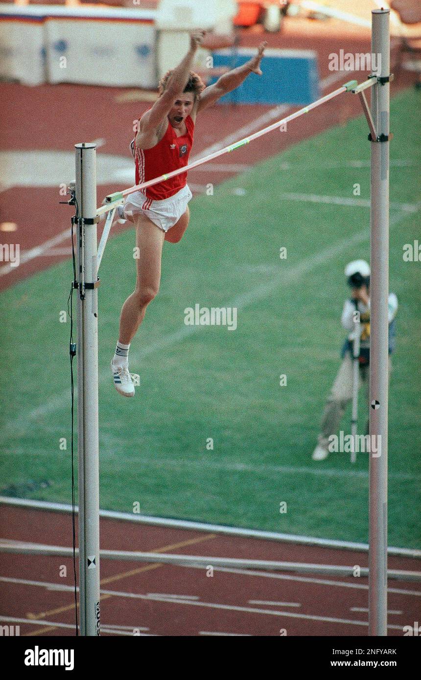 Soviet Sergei Bubka clears the bar at 5.80 meter on his third and last attempt, Wednesday ...