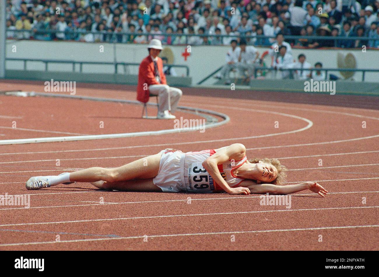 West Germany Dieter Baumann Collapses on the track after sprinting on ...