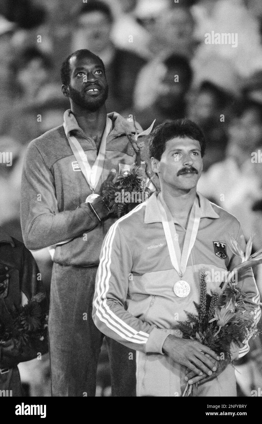 Medal awarding ceremony in the 400m hurdle event of the Los Angeles ...