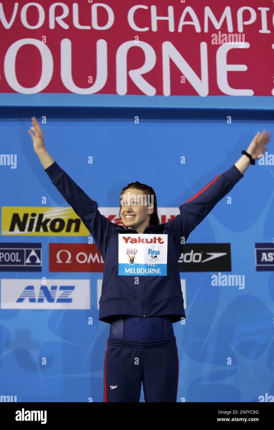 Katie Hoff of the U.S. stands on the podium before receiving her gold ...