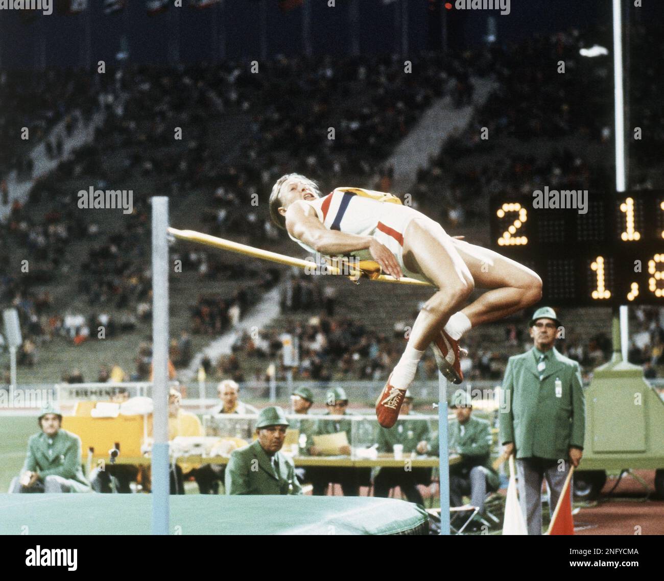 Mary Peters of Britain competing in the women's pentathlon, wins the ...