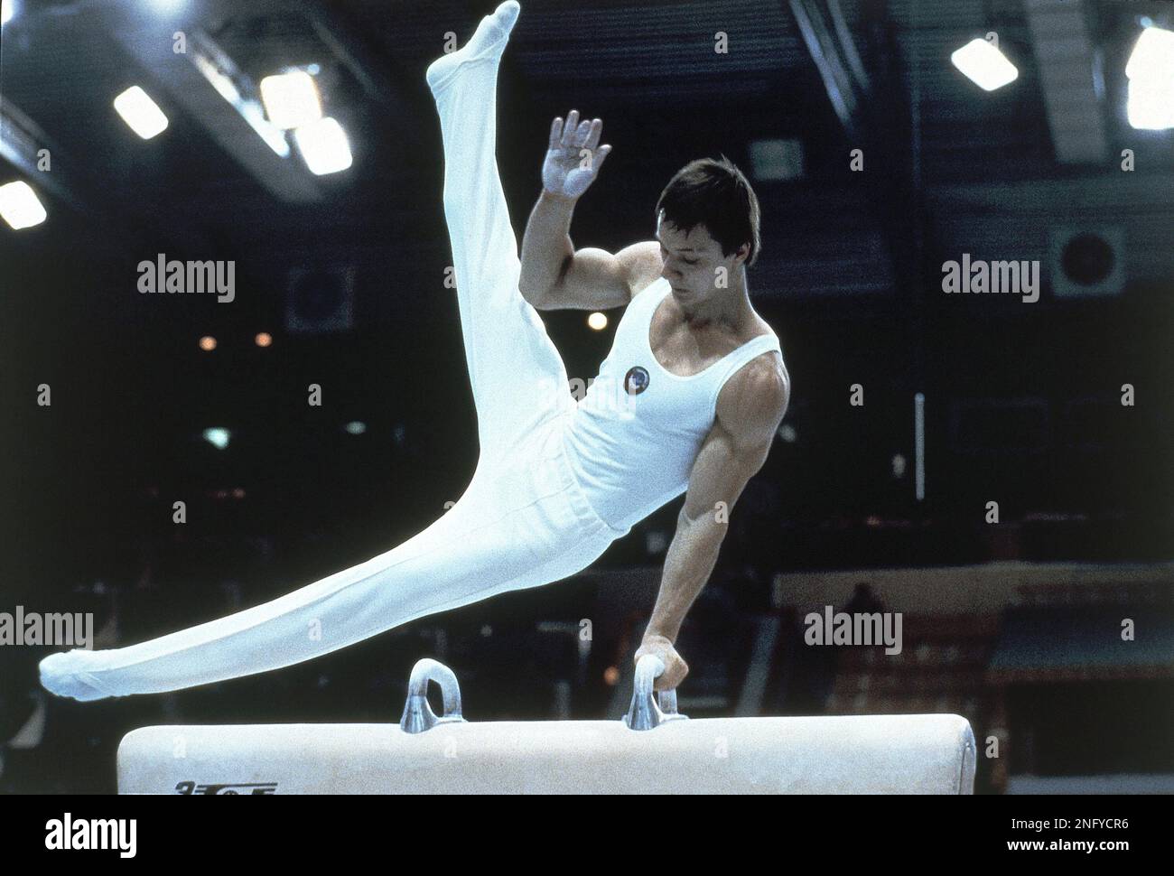 Eduard Azarian of the USSR on the side-horse during the 1980 Olympic ...
