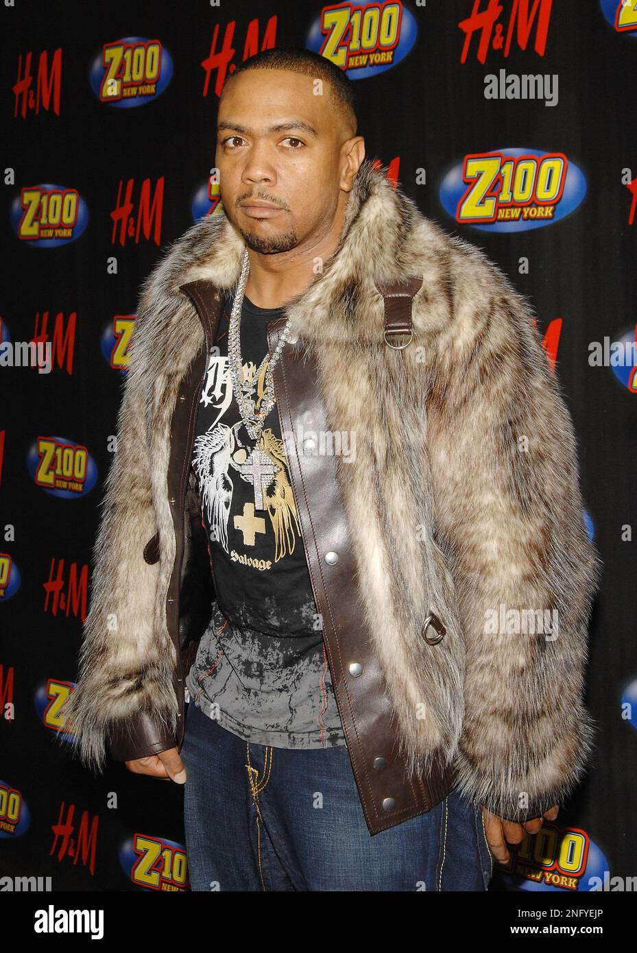 Music producer Timbaland poses in the press room at Z100's Jingle Ball ...