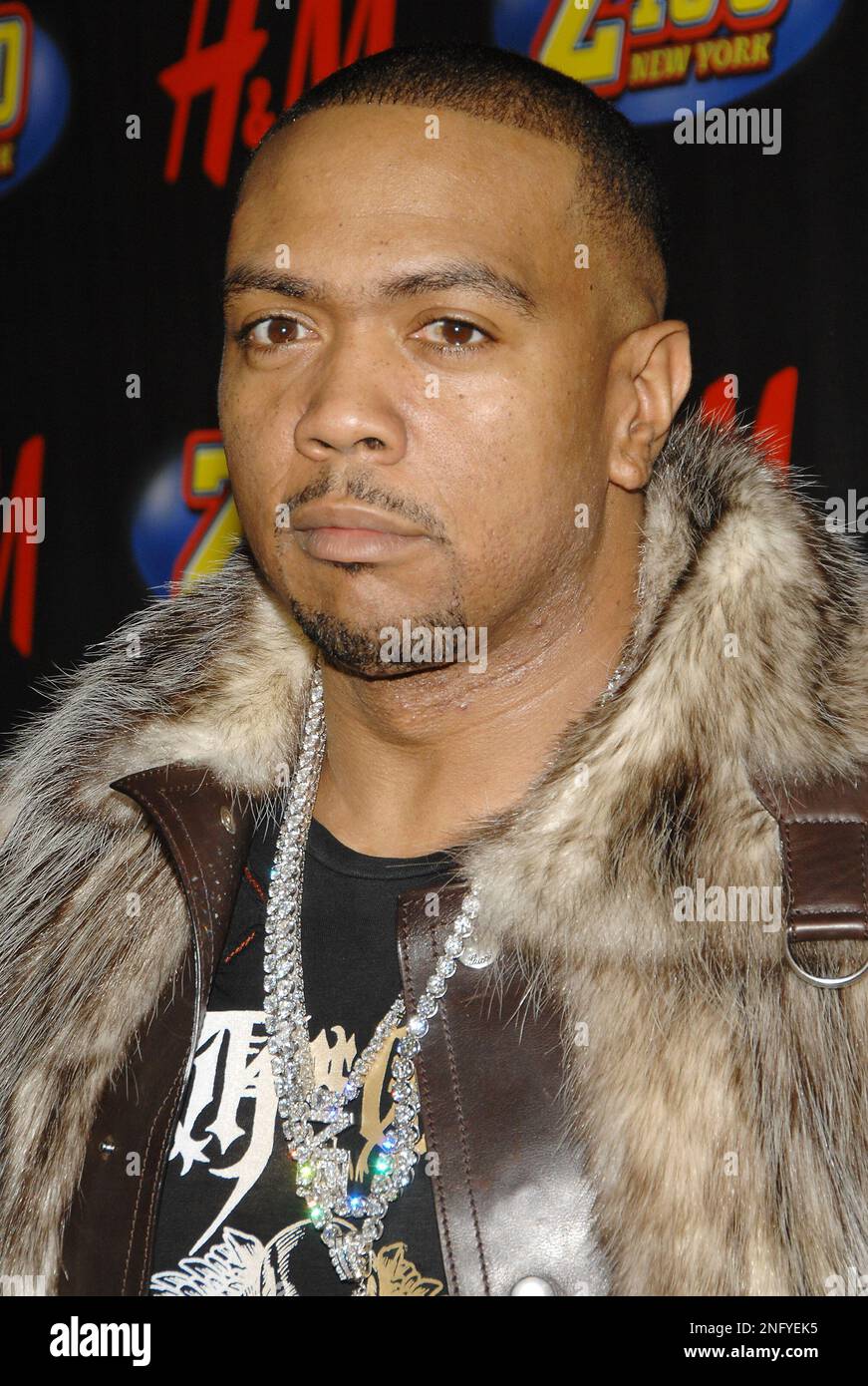 Music producer Timbaland poses in the press room at Z100's Jingle Ball ...