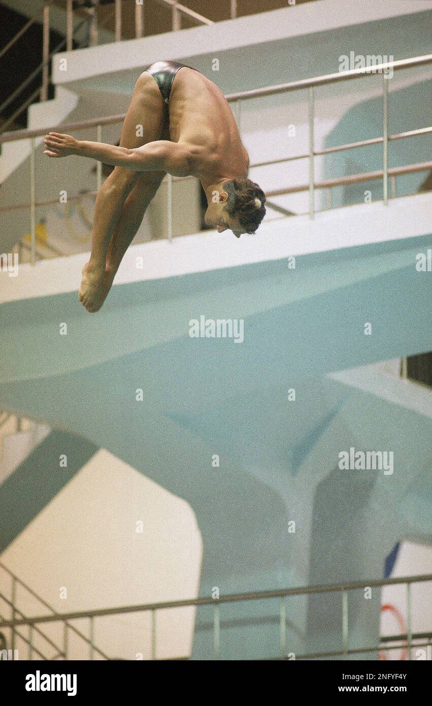 U.S. Diver Greg Louganis, of Boca Raton, Fla., takes a practice dive ...