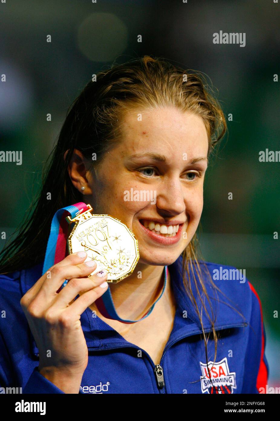 USA's Katie Hoff holds up her gold medal in the women's 200m Individual Medley at the World ...
