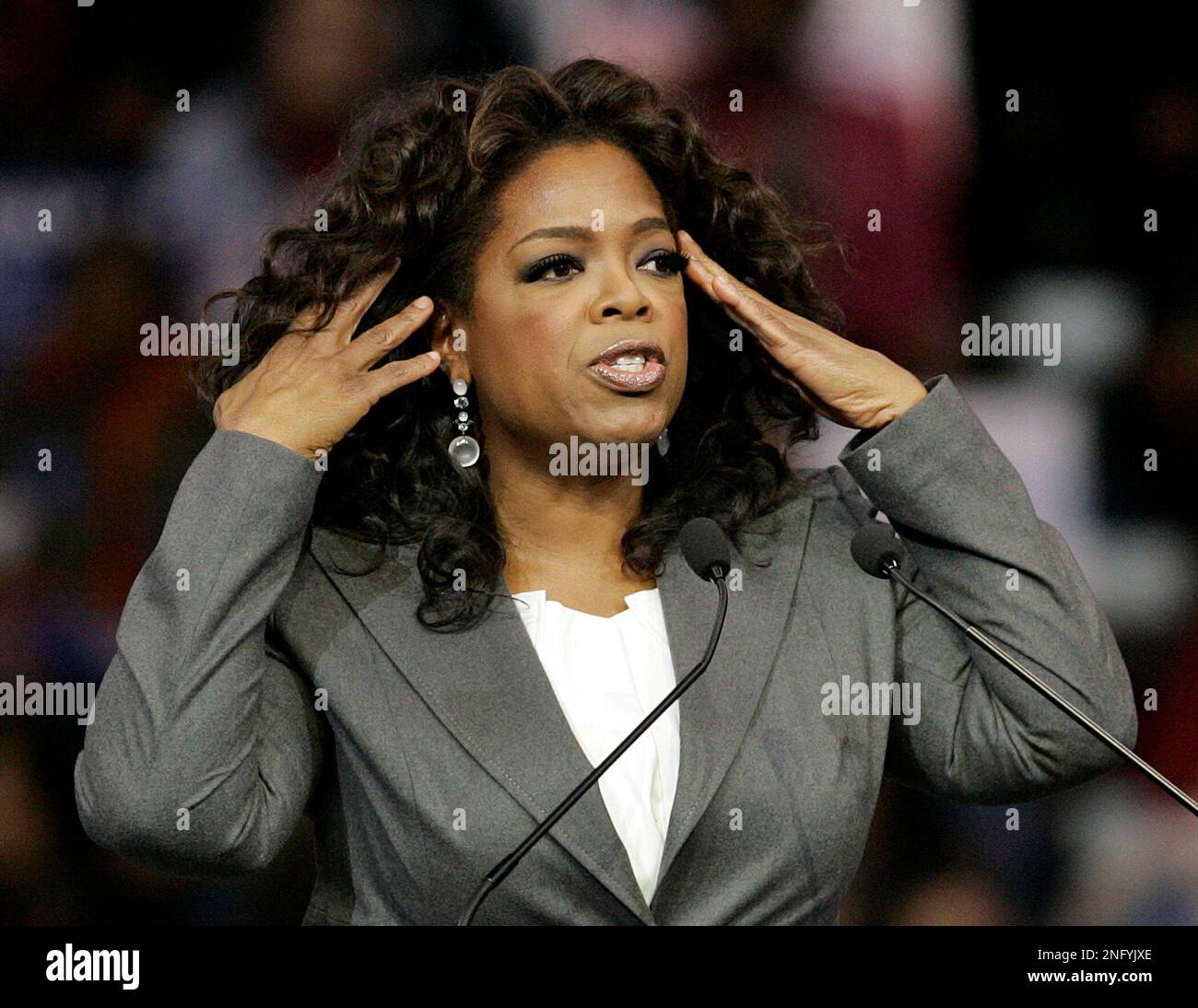 Oprah Winfrey speaks to the crowd prior to introducing Democratic ...