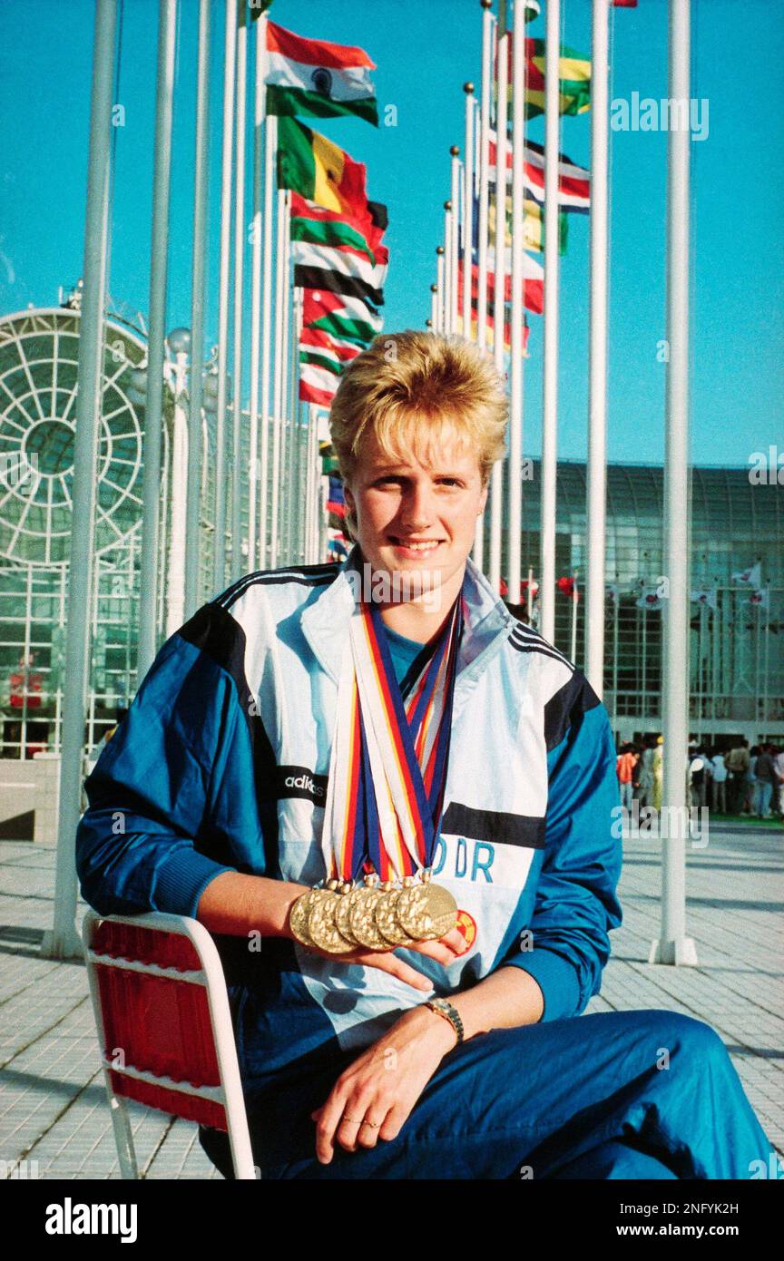 Kristin Otto of East Germany poses in Seoul with her six gold medals ...