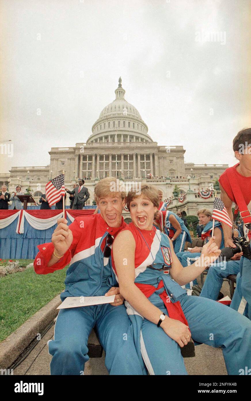 American gymnast Mary Lou Retton and American gymnast Peter Vidmar ...