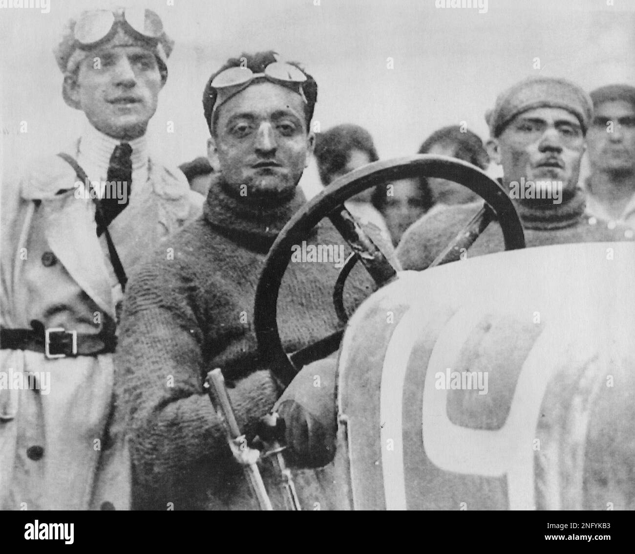 Enzo Ferrari is portrayed on an Alfa Romeo ES, at Mugello's circuit ...