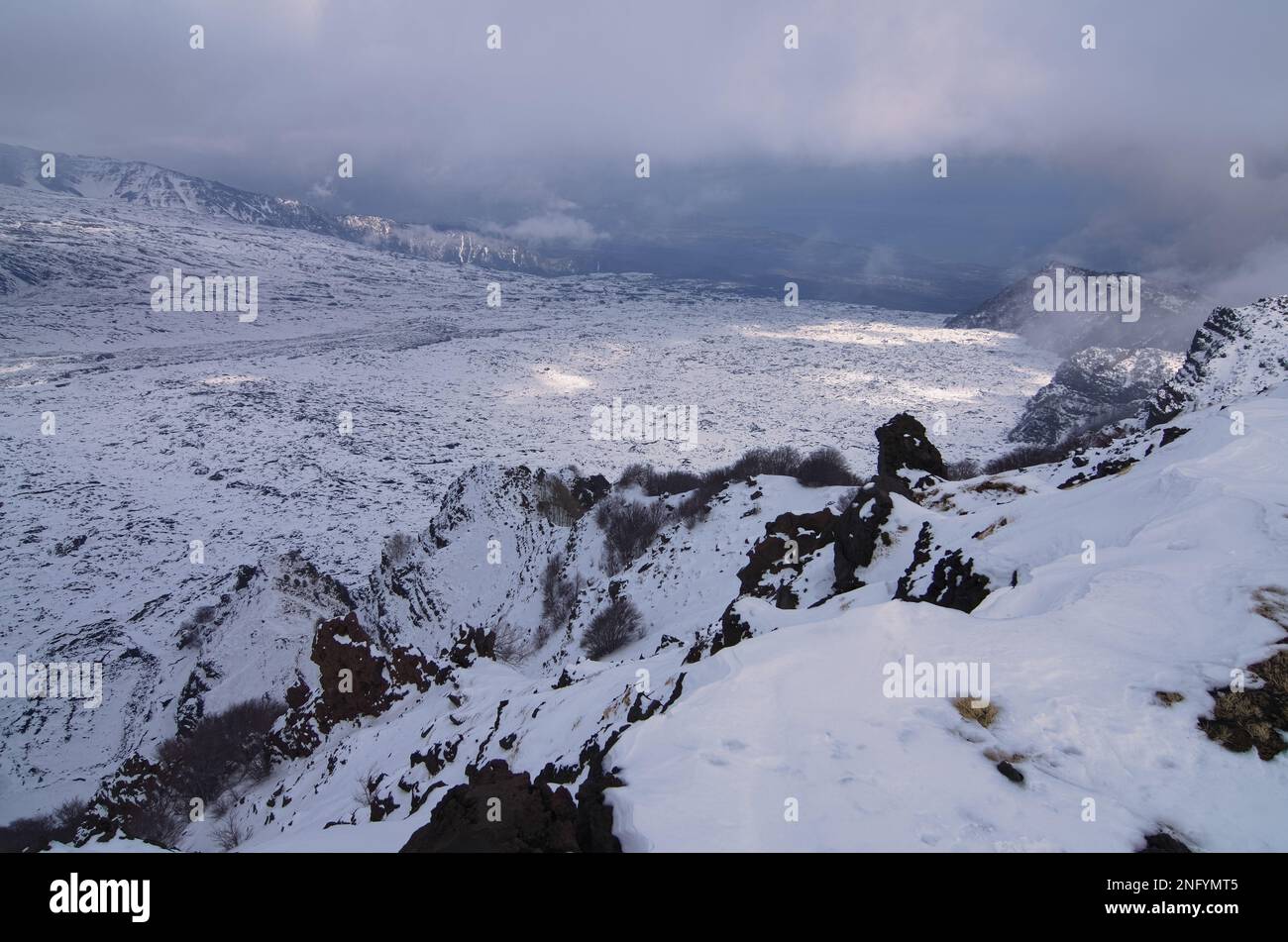 nature landscape with volcano rocks of the "Schiena dell'Asino" snow ...