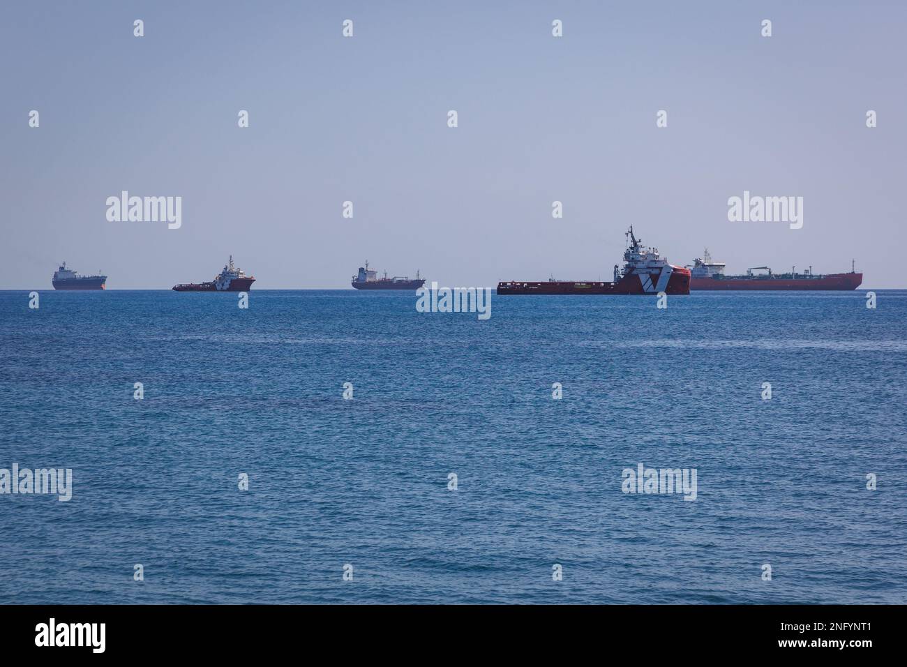 Cargo ships seen from port of Limassol city in Cyprus island country ...