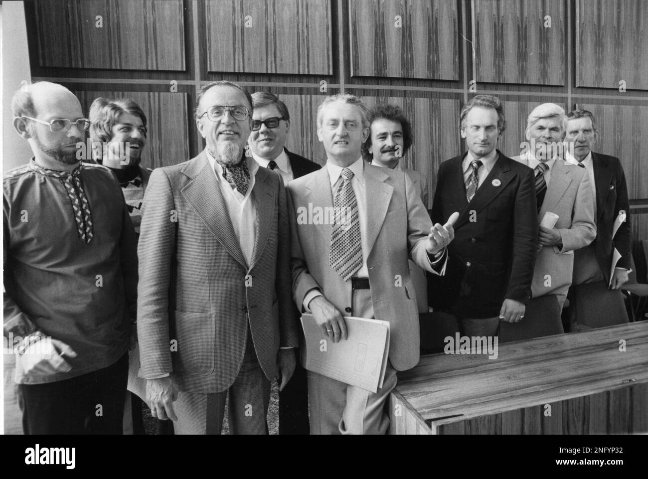 Green Party founding members are standing in a hall in Bonn, West ...