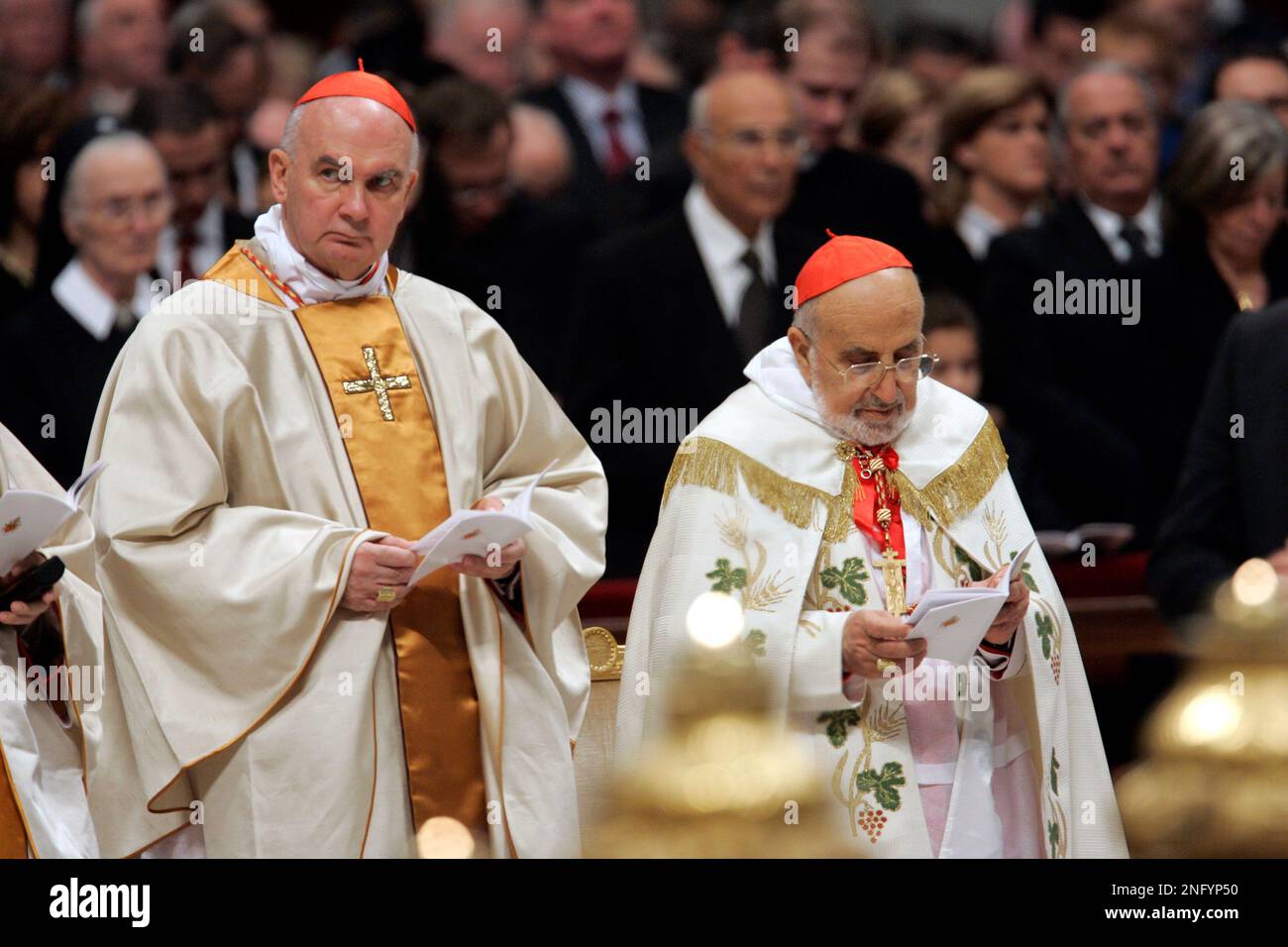 Newly elevated Cardinals John Patrick Foley, from the US, left, and ...