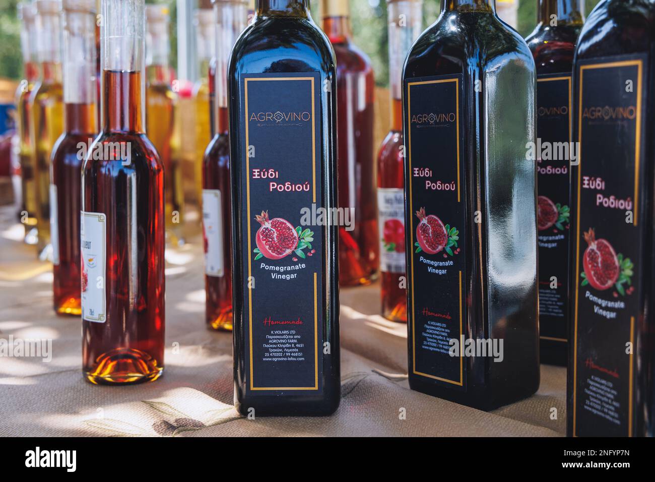 Pomegranate Vinegar bottles produced by Agrovino Farm of Violaris ...