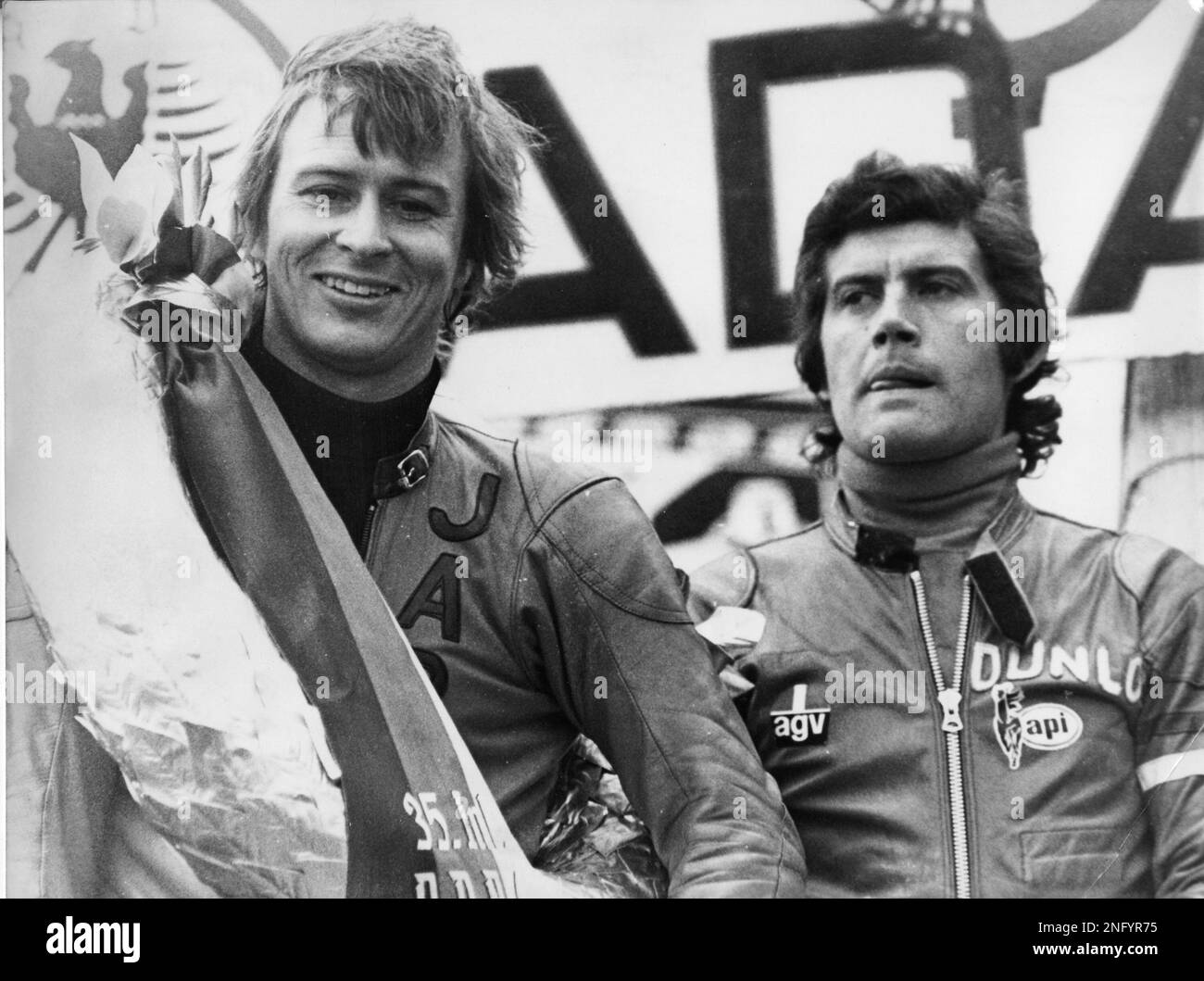 Finland's Jarno Saarinen wears the winner's laurels after his victory ...