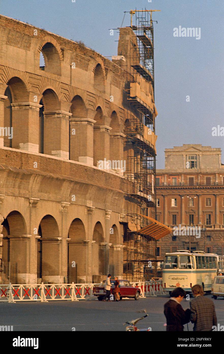Scaffolding is seen on the Roman Colosseum, after it reopened to the ...