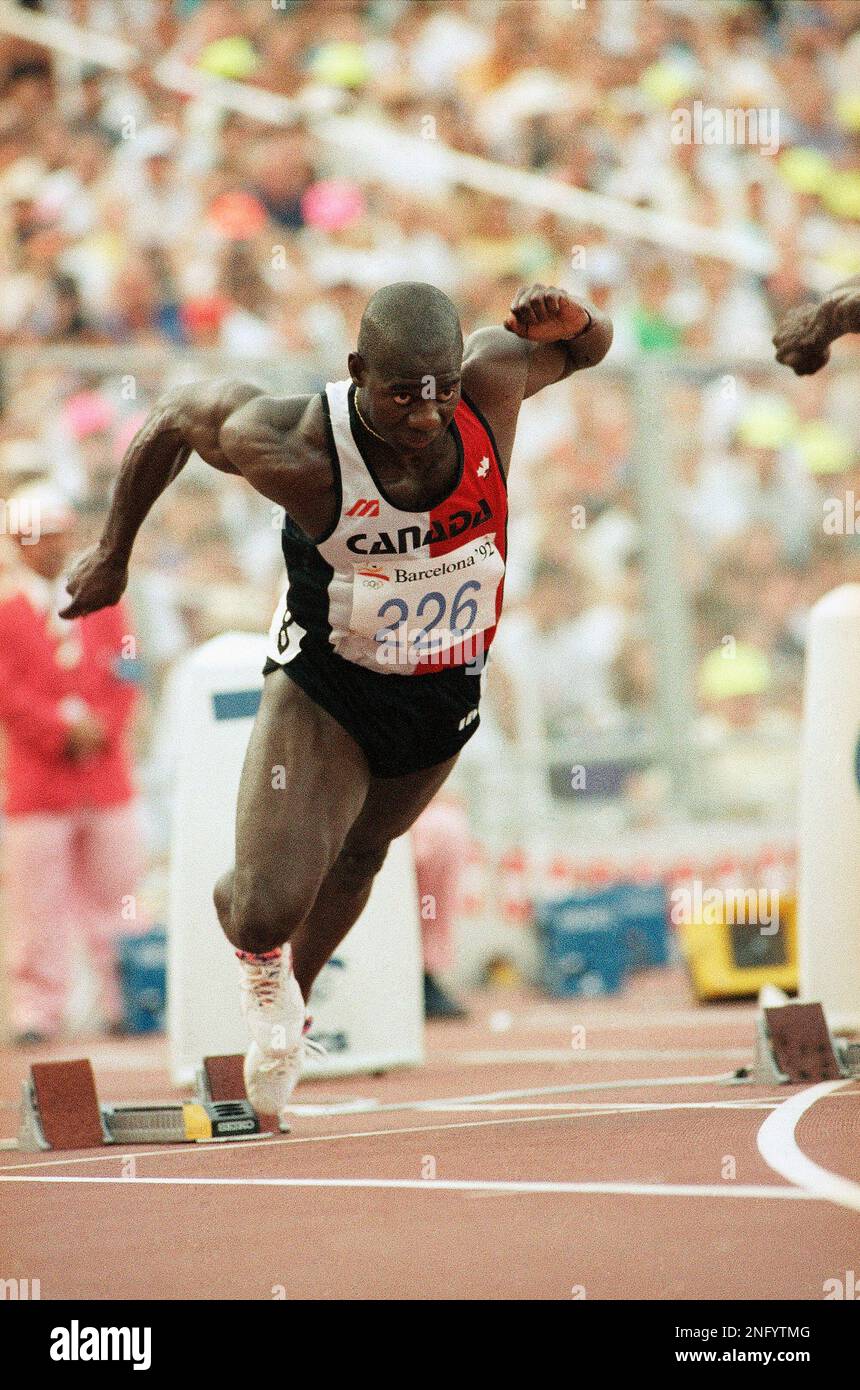 Canada's Ben Johnson explodes out of the starting blocks for the men's ...