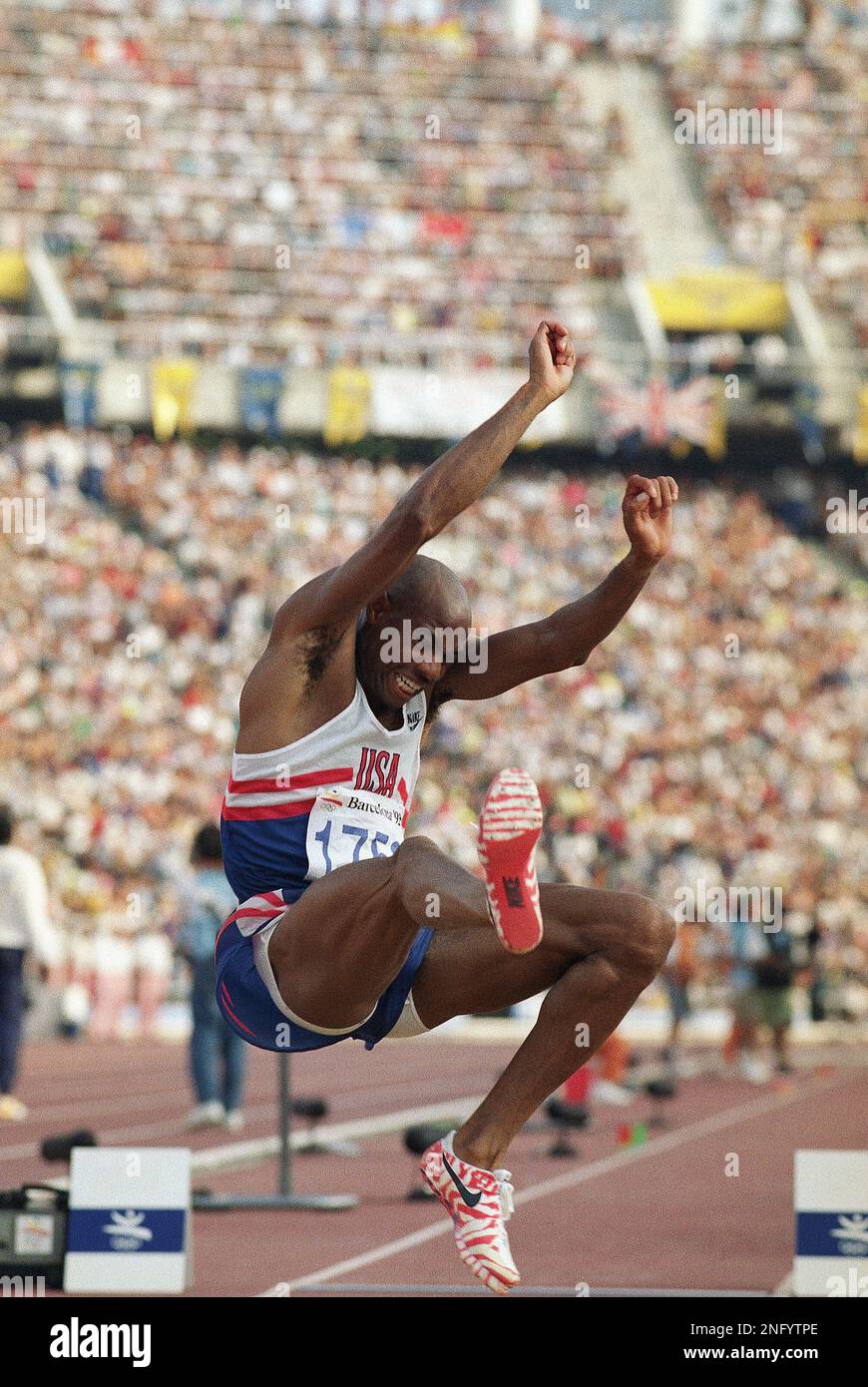 USA's Mike Powell of Alta Loma, Calif, makes his first jump in the men ...