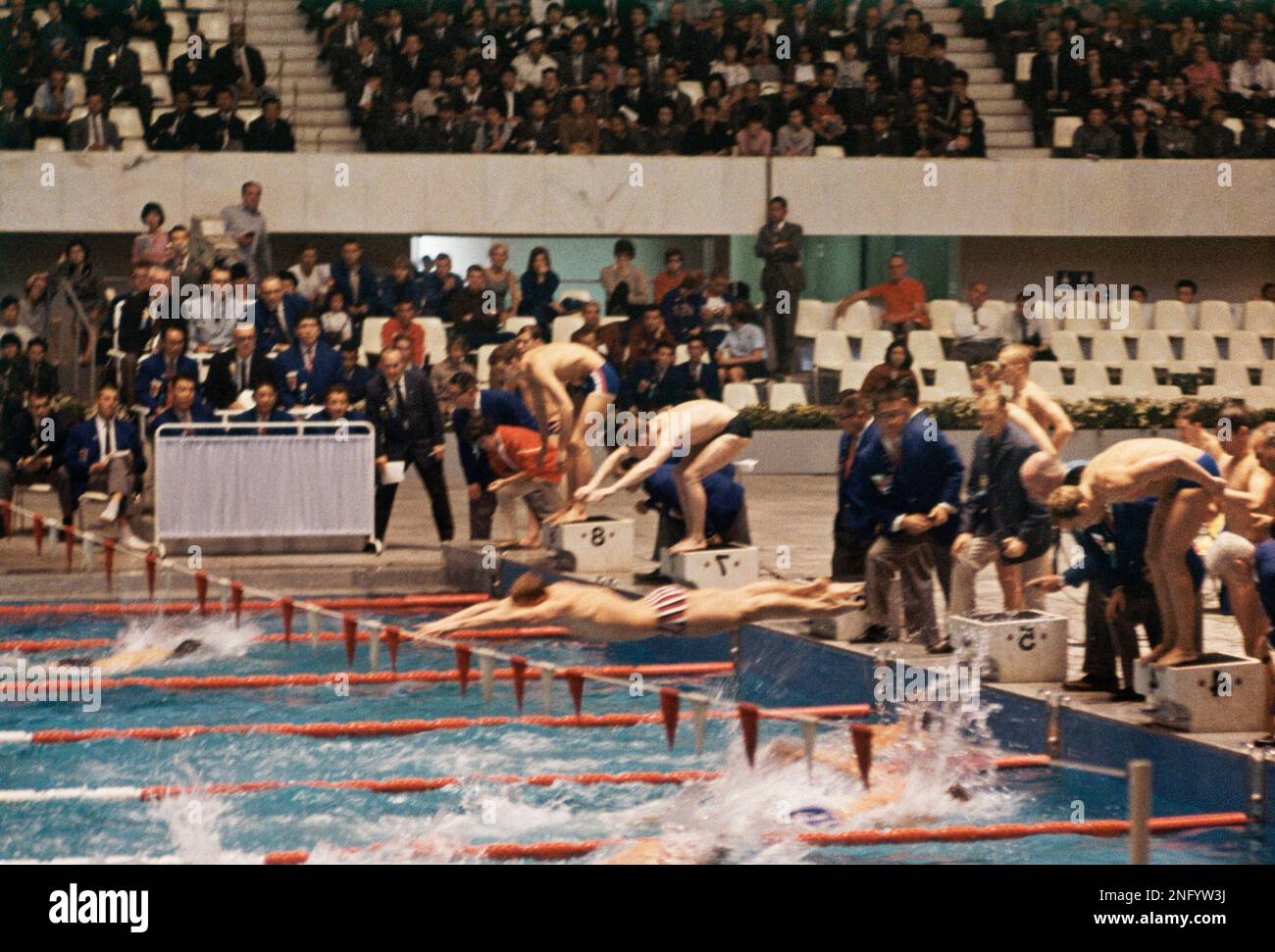 Start of the men's 400-meter freestyle relay at the 1964 Tokyo Olympics ...