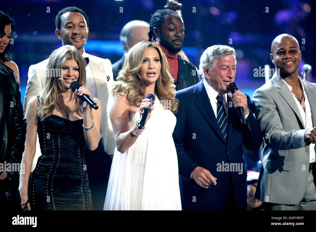 (L-R) Fergie, John Legend, Jennifer Lopez, will.i.am, Tony Bennett, and ...