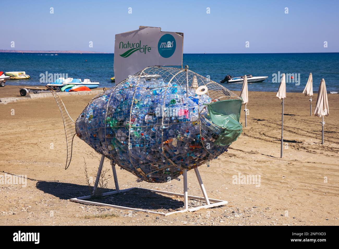 fish shaped waste bin on Mackenzie Beach in Larnaca city, Cyprus island ...