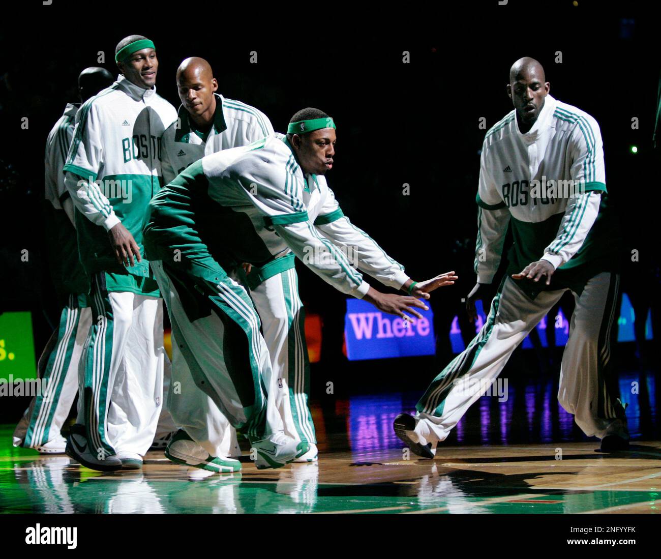 Boston Celtics' Paul Pierce, center, gestures with teammate Kevin ...