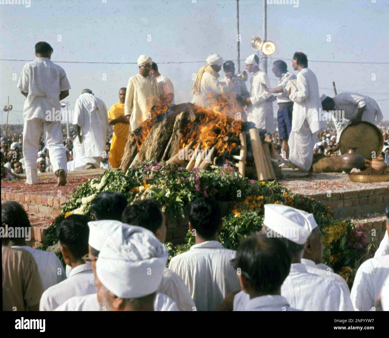 The funeral pyre of Indian Prime Minister Pandit Jawaharal Nehru, burns ...