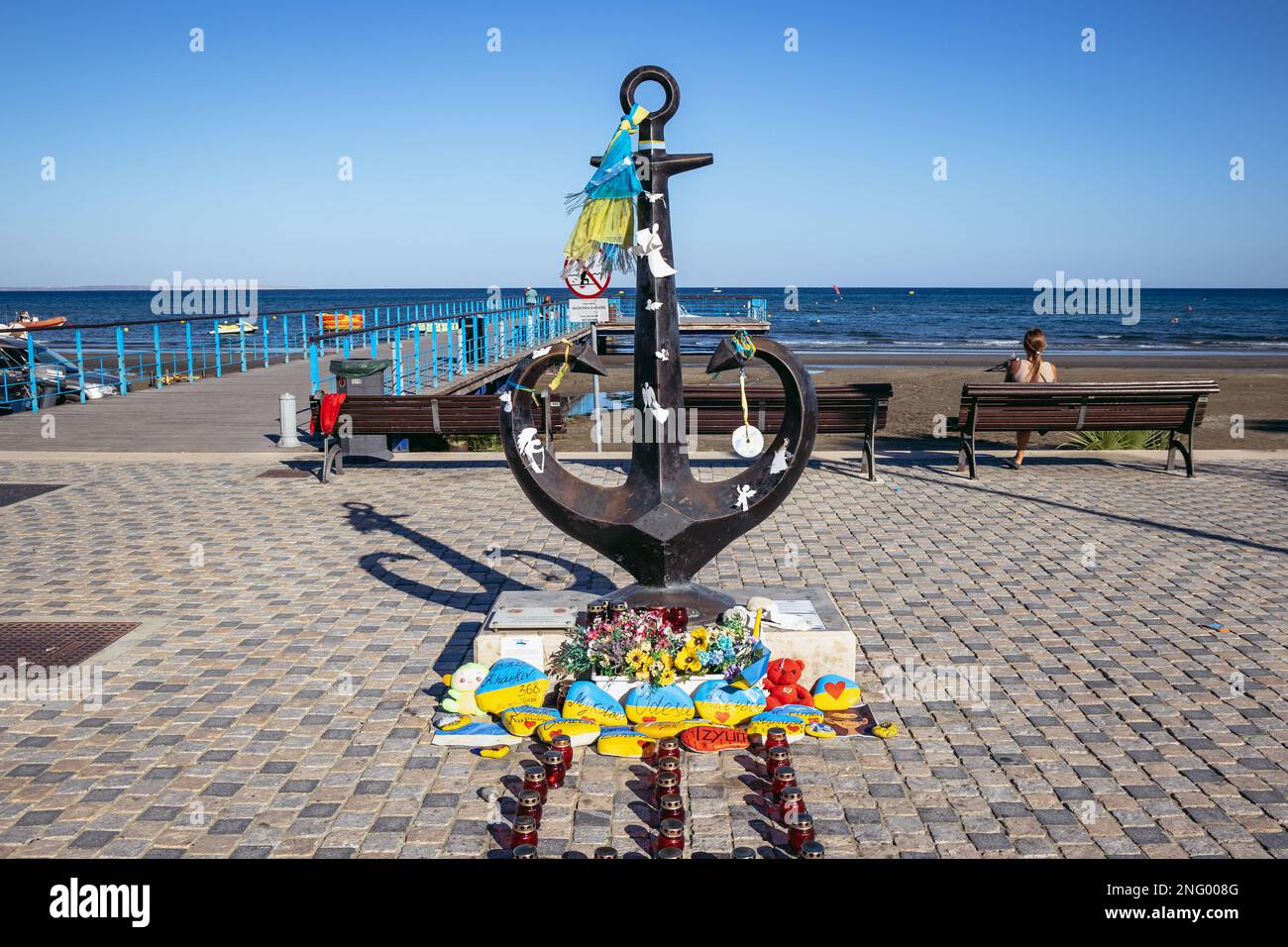 Pro Ukrainian symbols on a Finikoudes beach in Larnaca city, Cyprus ...
