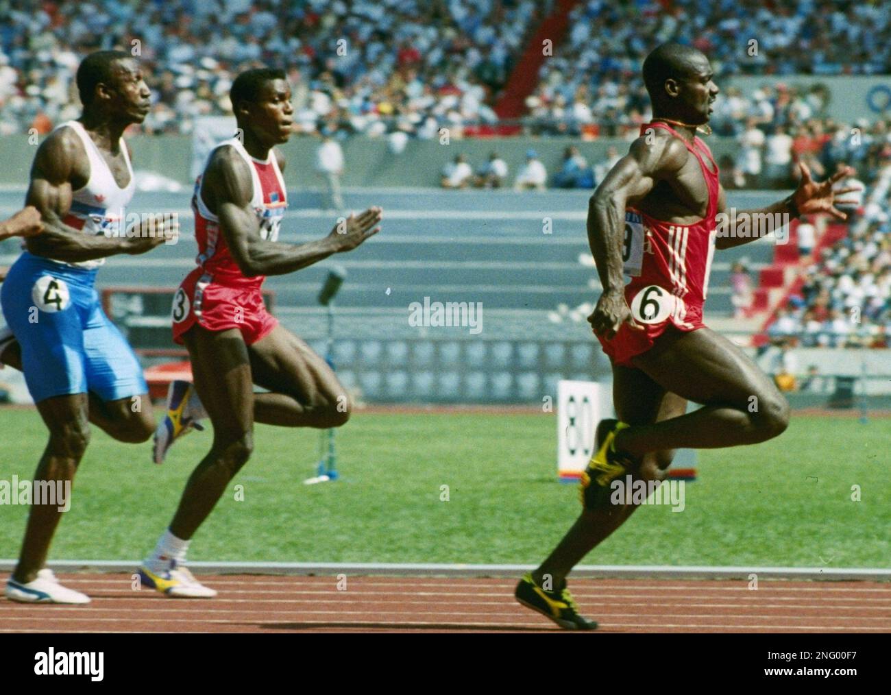Sprinter Ben Johnson of Canada, right, leads the pack to win the 100 ...