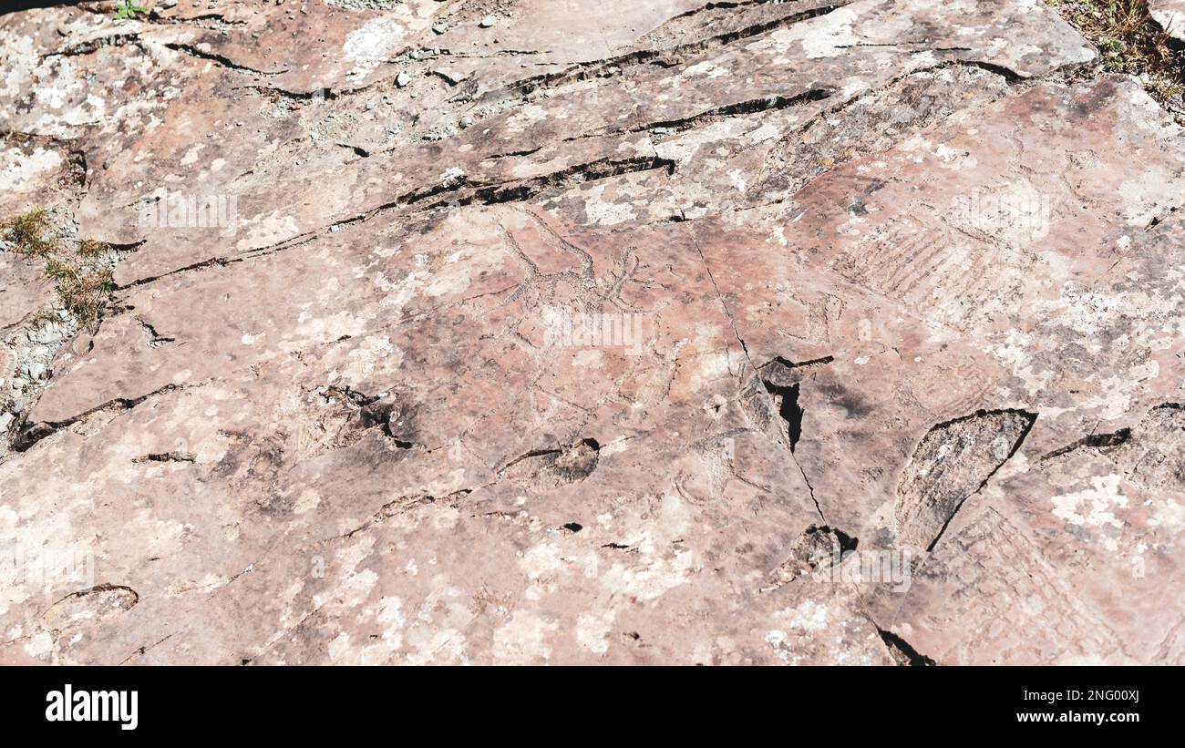 Rock paintings of an ancient man of animals and people hunters and ...