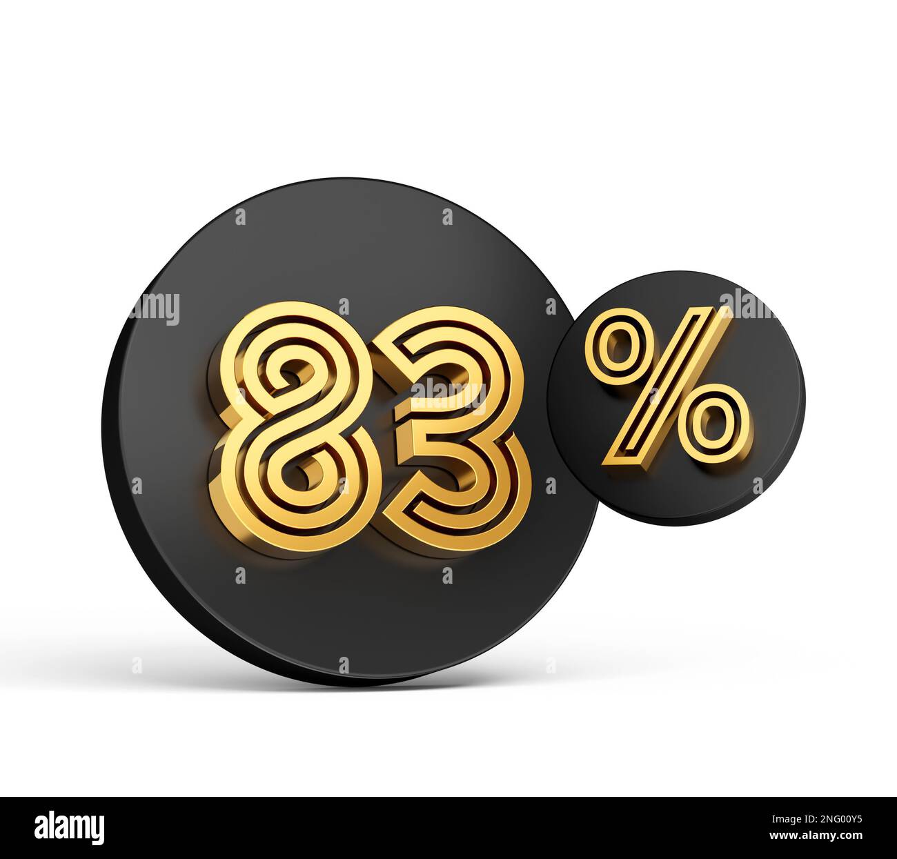 A 3d illustration of golden 83 percent in a black circle on a white ...