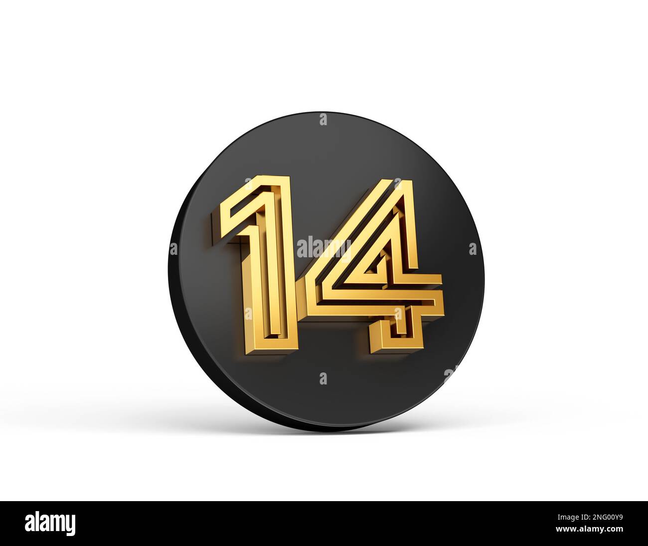 A 3d illustration of golden number 14 in a black circle on a white ...