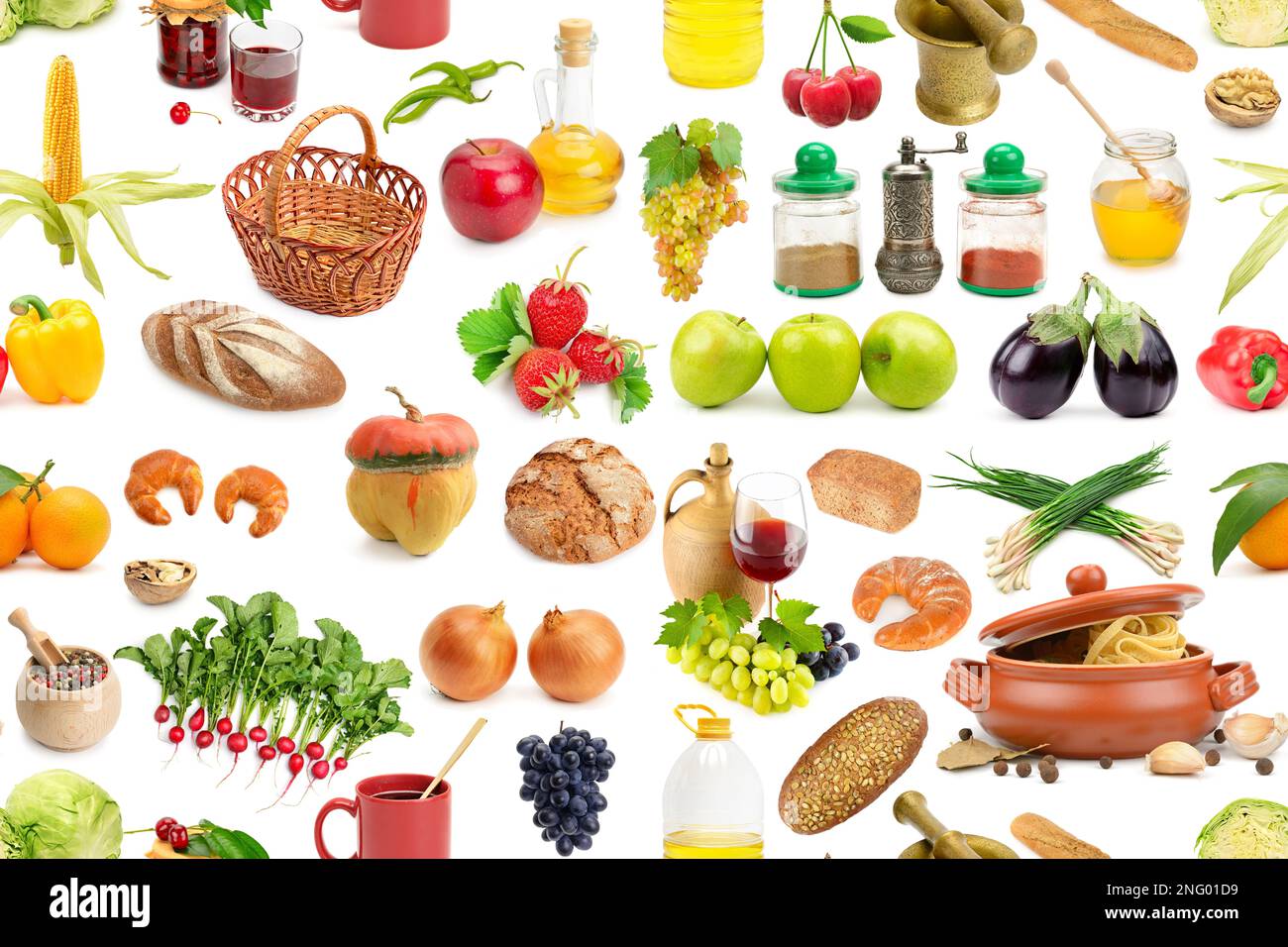 Seamless pattern of various healthy products isolated on white ...