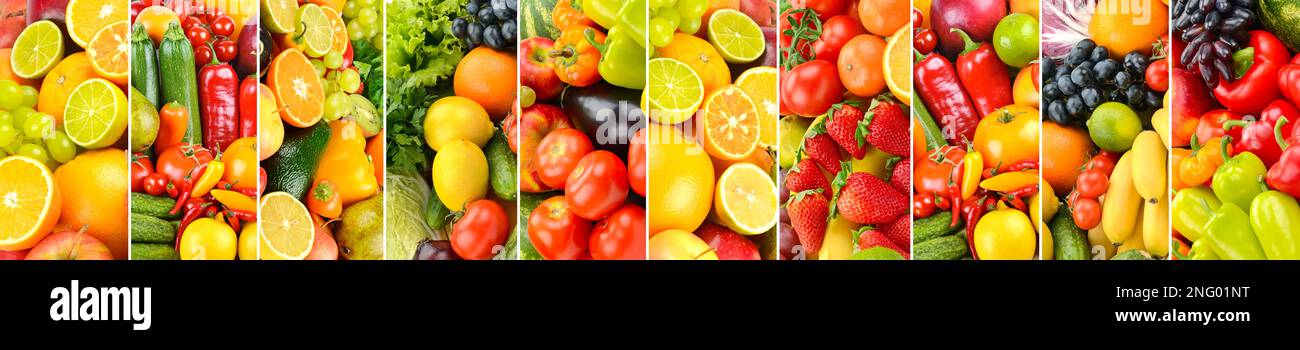 Background of berries, fruits and vegetables separated vertical lines ...