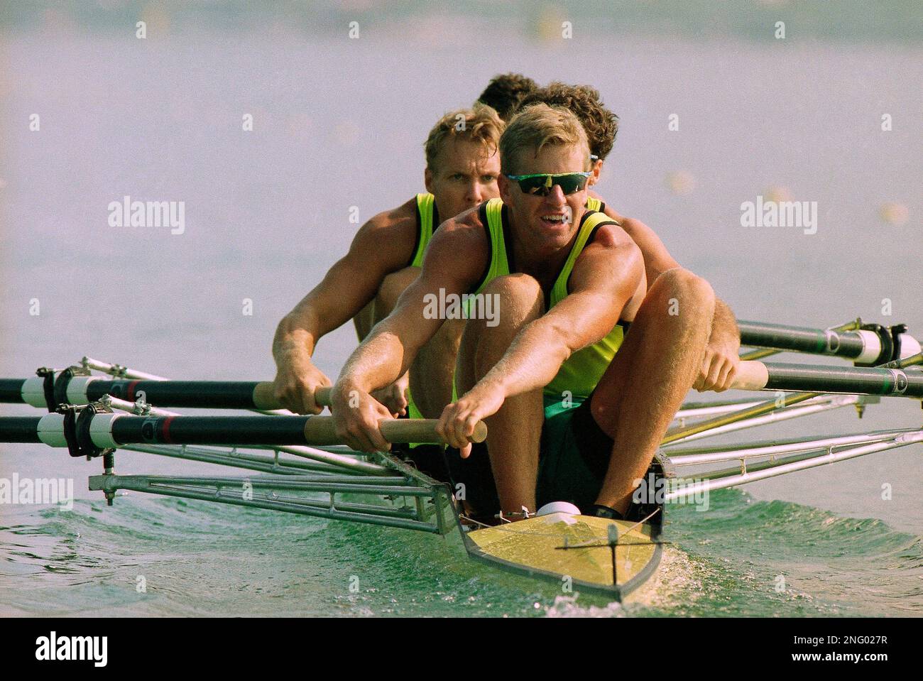 Australian coxless fours rower James Tomkins strains to pull a stroke ...