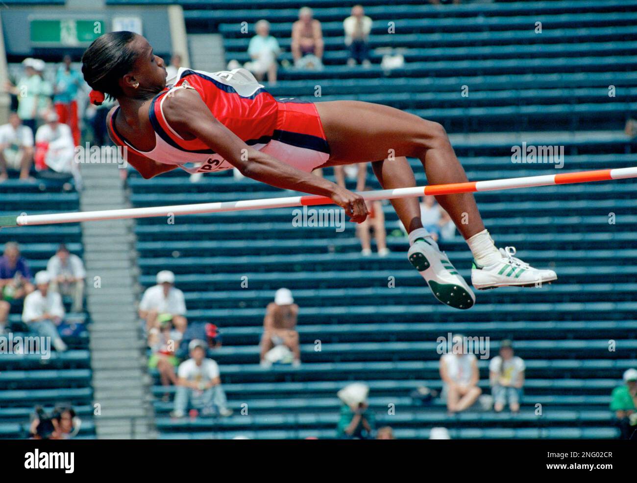 Jackie Joyner-Kersee, U.S. track star, is seen performing a high jump ...