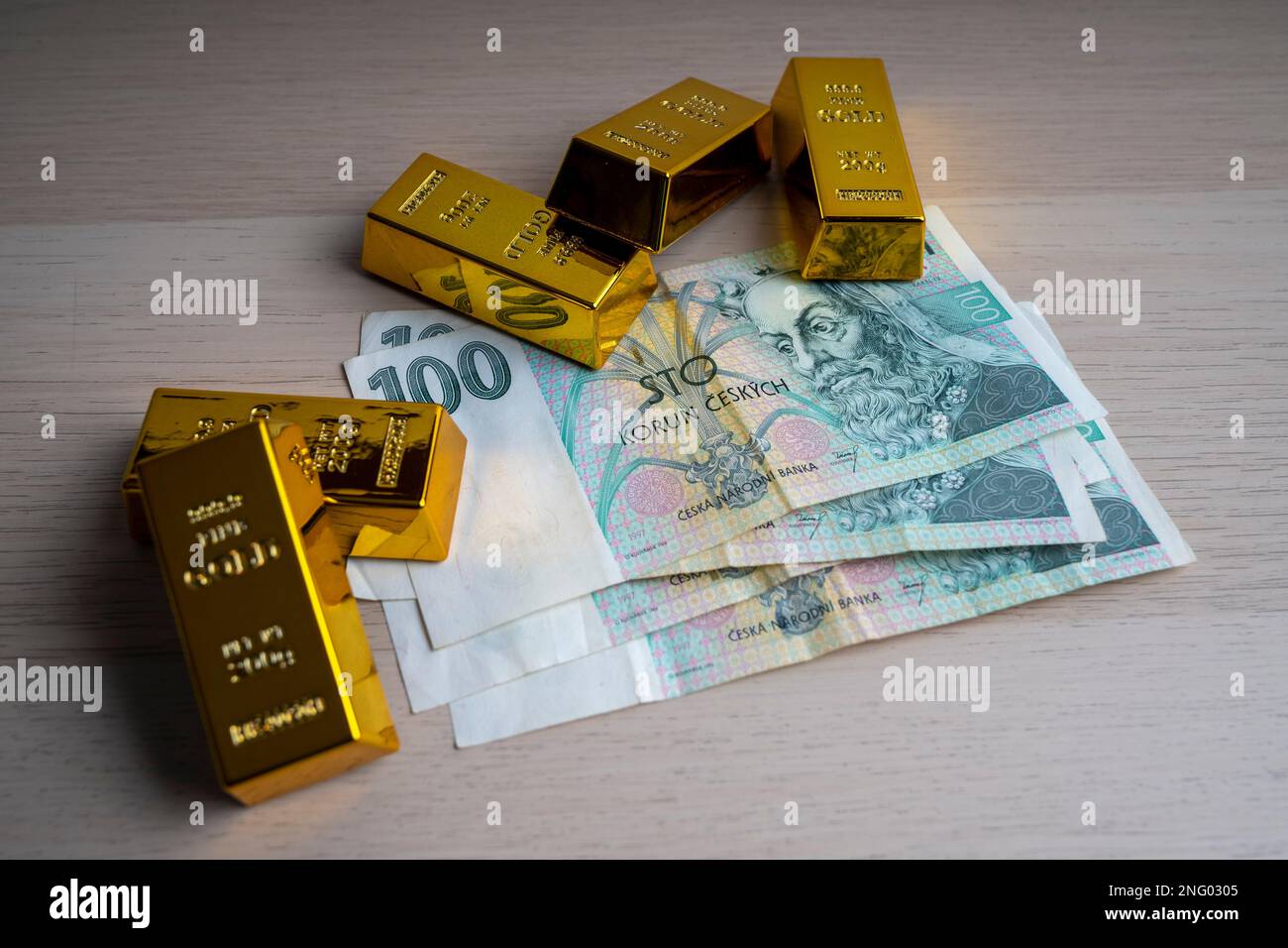 Czech Republic 100 korun paper banknote. Czech coins and gold bars ...