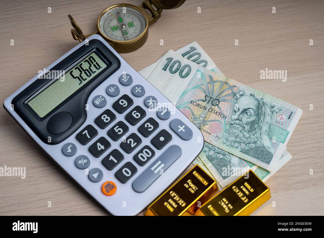 100 korun paper banknote of the Czech Republic. Czech money, gold bar ...