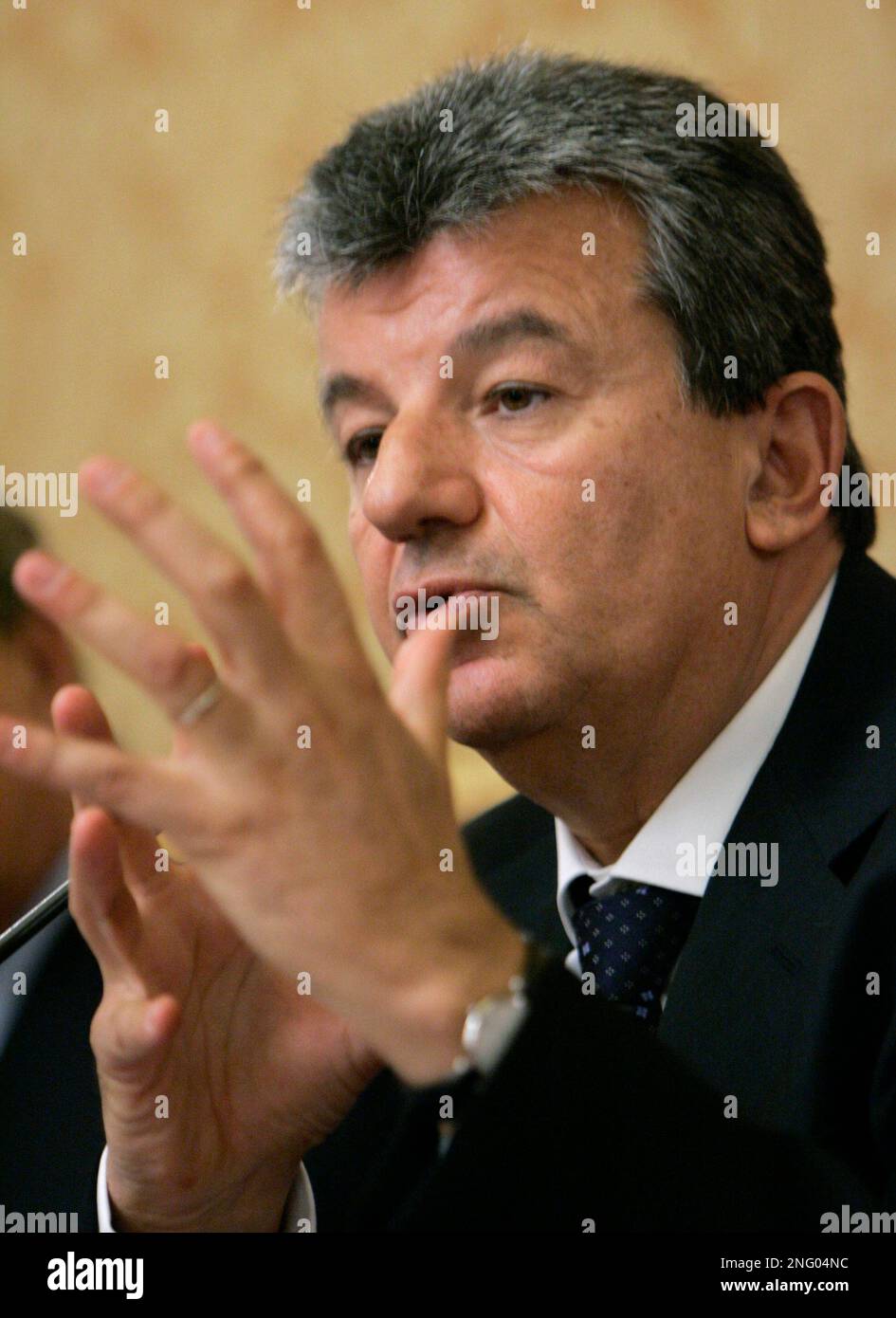 Tunisian producer Tarak Ben Ammar gestures as he attends a press ...