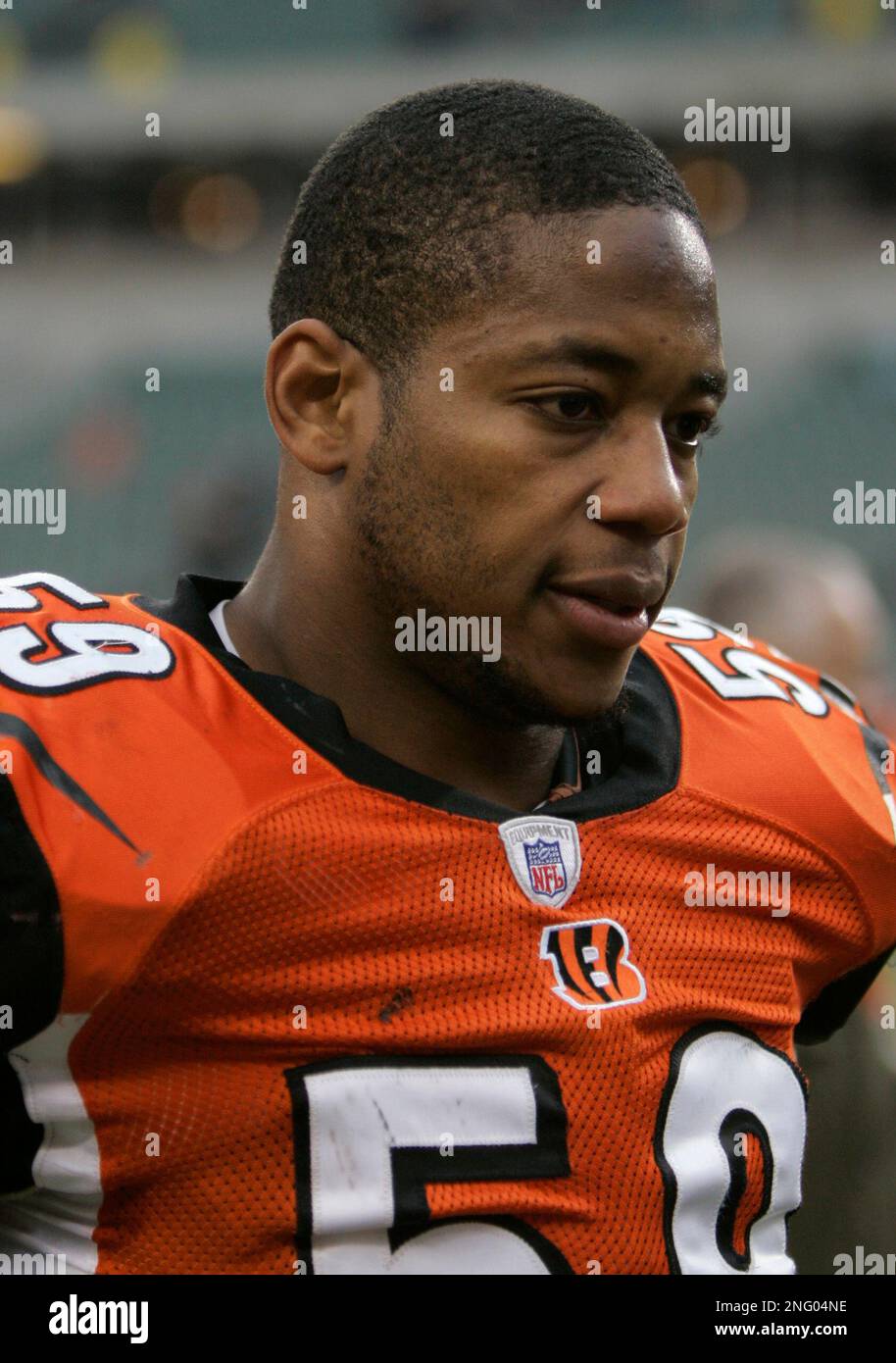 Cincinnati Bengals linebacker Landon Johnson in an NFL football game, Sunday, Nov. 25, 2007, in ...