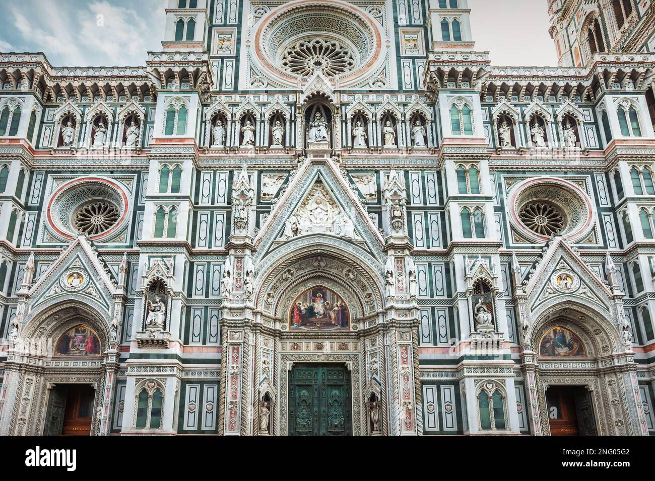 Ornate facade of the Florence Cathedral (Duomo di Firenze) in downtown ...