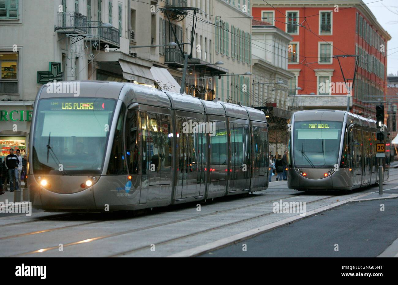 New trams, manufactured by Alstom company, are seen on the main street ...