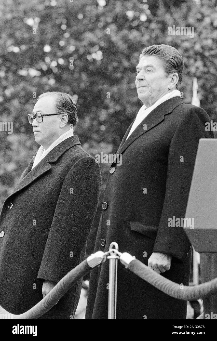 President Ronald Reagan stands with Chinese Premier Zhoa Ziyang during ...