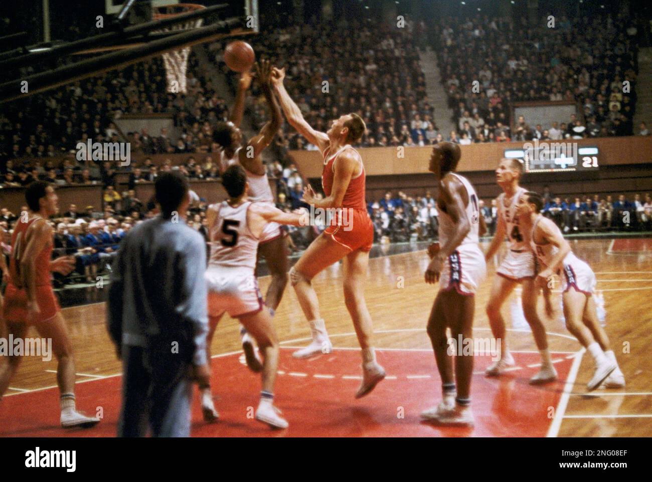 Seen here is a basketball game between the USA and Soviet Union during ...