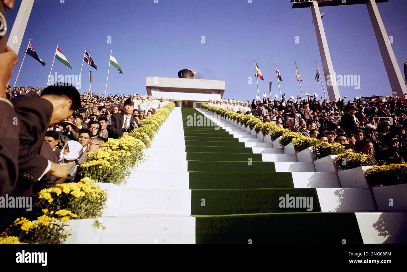 Pictured here are the stairs leading the Olympic Torch at Tokyo Stadium ...