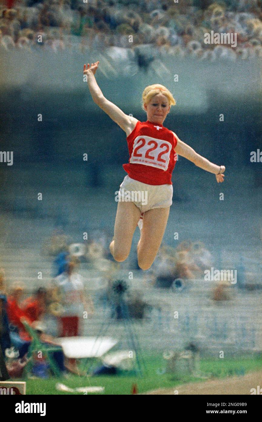 Pictured here is Meta Antenen of Finland competing in the long jump at ...
