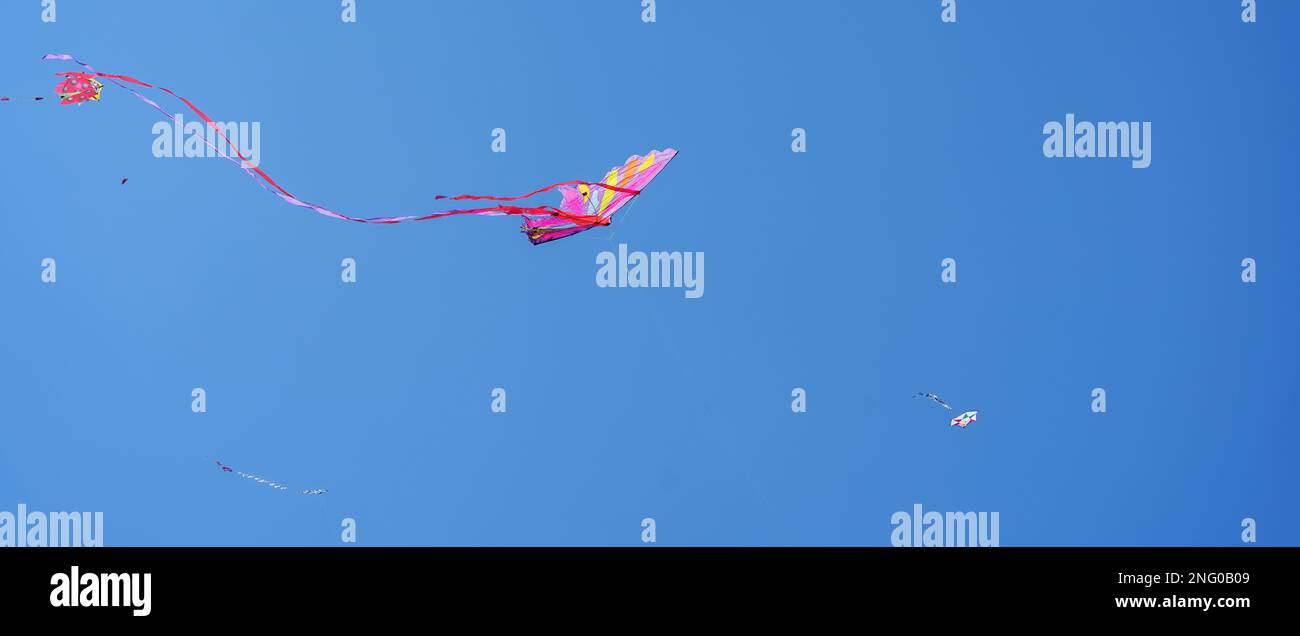 Colorful kite soars high in the sky Blue sky. Sports kite festival ...