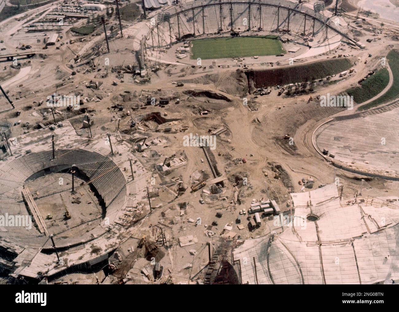Viewed from atop the Olympic tower in Munich, West Germany, stadiums ...