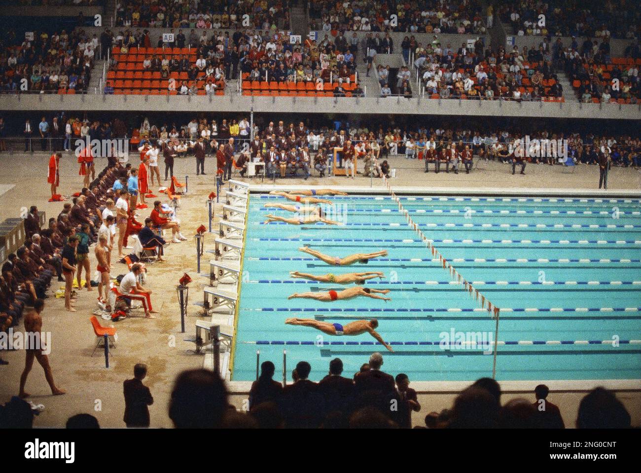 Seen here is the 400-meter men's medley compettion at the 1968 Summer ...